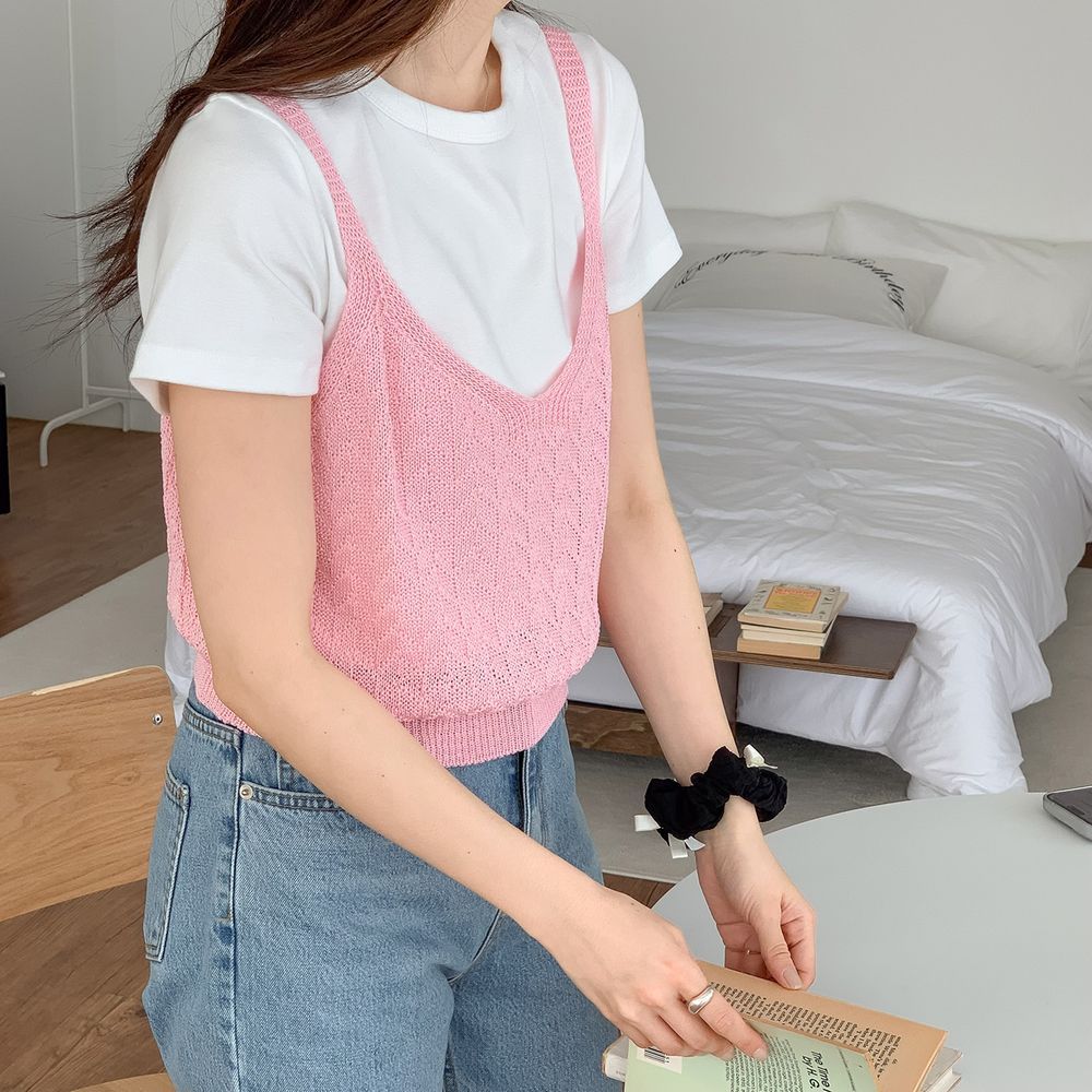 렌시 컬러맛집🩵데일리템 여름 뷔스티에 레이어드 크롭 나시 니트 조끼 베스트